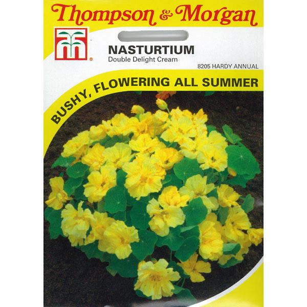 種　タネ　八重咲きナスタチウムの中でベストといえる品種。開花期が長く、花も大きく見ごたえがあります。栽培も簡単で多花性、耐寒性も強い1年草として、最高のパフォーマンスを見せてくれます。八重と半八重の花がこんもりと丸くまとまる株にいっぱい咲く...