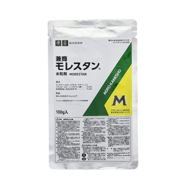 農林水産省登録番号：19723農薬の種類 キノキサリン系水和剤名称：兼商モレスタン水和剤内容量：100gうどんこ病に特に有効、ダニ類効く殺菌殺虫剤。うどんこ病には、予防効果だけでなく治療効果もある。ダニ類は卵幼虫成虫の各時代に効果を表し、残...