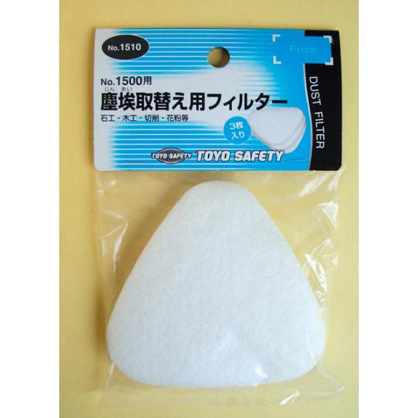 塵埃簡易マスク用の替えフィルターで、石工・木工・切削・花粉など比較的大きな塵埃が飛散しているところで使用する。フィルターは、水洗いしないこと。