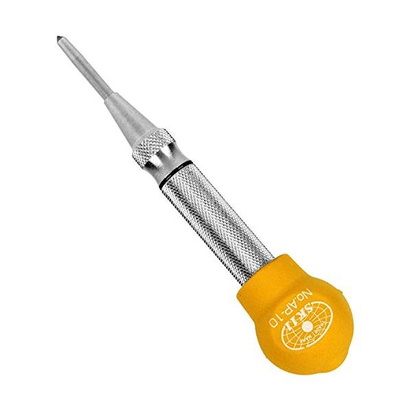 シルバー/オレンジ/-/AP10・パッケージ個数:1・用途:目打ち作業・特徴1:押さえるだけで正確に目打ちできるハンマー不要ポンチ・特徴2:片手で作業ができるため、真上の作業が簡単にできる・特徴3:内部のハンマーヘッドとスプリングが強力にポ...