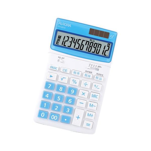 電卓ブルー/-/DT125TX-B・Color:ブルー・パッケージ個数:1・W90×D22×H150mm・12桁卓上タイプ・税計算機能付き・材質 本体ABS樹脂