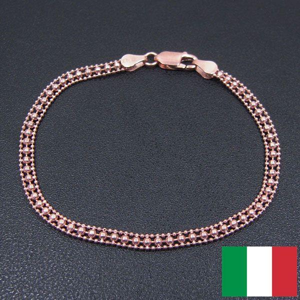 イタリア製、ボールチェーンを使ったベルトタイプのブレスレットです。少し大きめのカットボールチェーンを挟むようにして、小さなボールチェーンが連結。ピンクゴールドメッキと相まって、ゴージャスな印象です。チェーンを留めている部分には「925」「I...