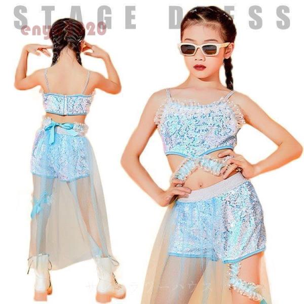 商品内容：(セット販売)トップス+ズボンカラー：画像色素材：ポリエステル、その他キーワード：キッズ ダンス衣装 セットアップ スパンコール チアガール ヒップホップ 女の子 トップス ズボン 夏 HIPHOP ジャズダンス 子供 ステージ衣...