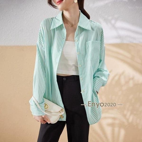 ストライプシャツ レディース トップス ブラウス ストライプ 長袖 カジュアル 通勤 通学 薄手 着痩せ 夏 おしゃれ 可愛い 柔らか  20代 30代 40代 新作 ファッションkadi01【カラー】 グリーン【サイズ】F(2XL)肩幅：...