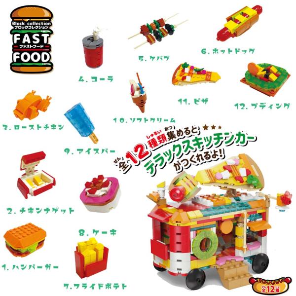 美味しそう〜！皆大好きファストフードのブロックセットです！全12種集めるとデラックスキッチンカーが作れちゃう！■商品サイズ・セットパッケージサイズ：約H75×W265×D195ｍｍ・単品パッケージサイズ：約H70×W125×D30ｍｍ・商品...