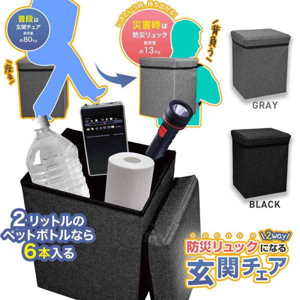 普段は靴を脱ぎ履きする時などの玄関チェアとして！災害時は防災リュックとして！！普段使いしながらいざという時に備える２WAYチェアです。2Lのペットボトルが6本入る耐荷重なので買い置きの水や災害時サッと取り出したい懐中電灯や軍手などを入れてお...