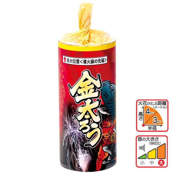 まさに「足柄山の金太郎」のごとく！力強く、粘り強い黄金の噴出。どっしりとしたネーミングにふさわしい、迫力満点の火花が自慢の一品です。点火すると、まずは勢いよく白色の火柱が立ち昇り、その後、周囲を圧倒するほどの広がりを見せる「大金菊花の火花」...