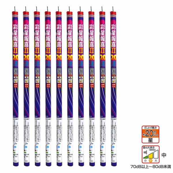 筒状の乱玉20連発花火『彩星報喜2 20連』「おめでたい知らせ」を夜空へ！20発が織りなす圧倒的な満足感！「喜びを報（しら）せる」という名を持つ、縁起の良い連発花火です！点火すると、赤や緑など色とりどりの鮮やかな星が20回連続で次々と夜空へ...