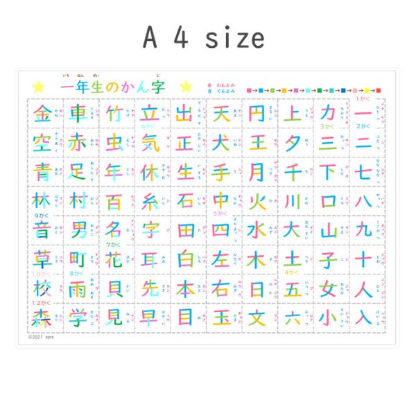 A4サイズのカラフルな一年生の漢字ポスターです。■商品サイズ：A4サイズ（216×303ｍｍ）■ラミネート加工済みですので、破れにくく長期間使用できます。（多少の波うちがある場合もございます）  ※水やお湯でぬらしていただければお風呂の壁に...