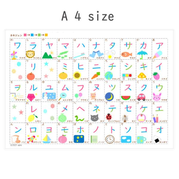 書き順を色分けしたA4サイズのカタカナ表です。■商品サイズ：A4サイズ（216×303ｍｍ）■ラミネート加工済みですので、破れにくく長期間使用できます。（多少の波うちがある場合もございます） ※水やお湯でぬらしていただければお風呂の壁に貼る...