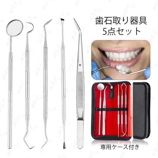 ★ご覧頂き有難うございます。■【商品説明】■5本セット 歯石や汚れを簡単チェック＆ケア！専用ケース付き! !■【セット内容】■鎌型スケーラー×2 歯用ミラー×1 カキ出し棒×1 ピンセット×1■【材質】ステンレス■備考: ※多少のサイズ違い...