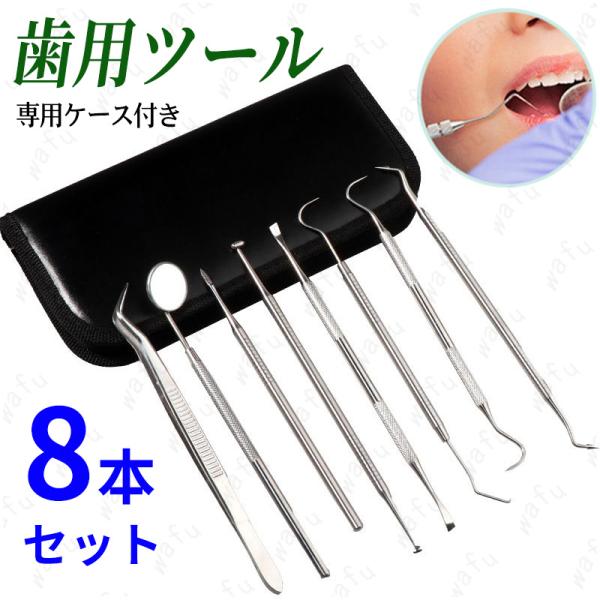 ★ご覧頂き有難うございます。【商品説明】●歯石や汚れを簡単チェック＆ケア！豪華 8本セット!!専用ケース付き【セット内容】(1)※鎌型aスケーラー  サイズ     17cm(2)※鎌型bスケーラー  サイズ     17cm(3)※鎌型c...