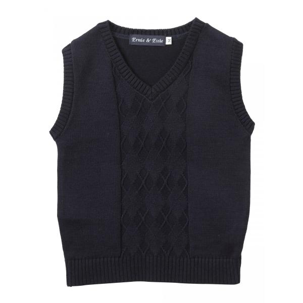 綿混でオールシーズンでご使用いただけるErnie&amp;Essieオリジナルの濃紺ニットベストです。衿前下がりは中に着用するポロシャツとのバランス比が最も美しく見えるように調整を繰り返し、洗練されたシルエットは精悍な表情を際立たせるお受験...