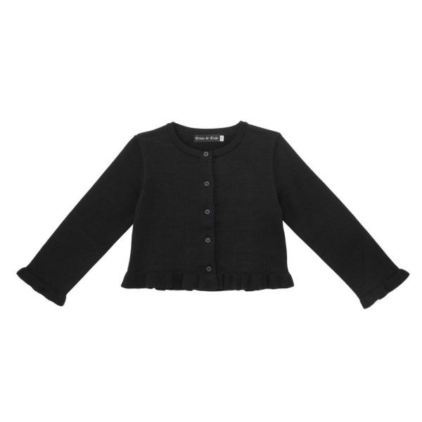 綿混でオールシーズンでご使用いただけるErnie&amp;Essieオリジナルの濃紺ニットカーディガンです。袖口と裾は可愛らしいフリルになっております。お試験当日、お教室通い、フォーマルの席や普段使いに大変便利なニットカーディガンです。ウー...