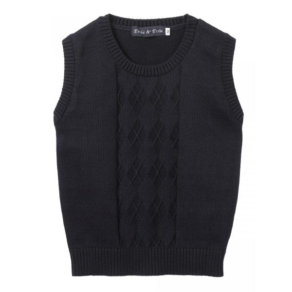綿混でオールシーズンでご使用いただけるErnie&amp;Essieオリジナルの濃紺ニットベストです。衿前下がりは中に着用するポロシャツとのバランス比が最も美しく見えるように調整を繰り返し、洗練されたシルエットは精悍な表情を際立たせるお受験...
