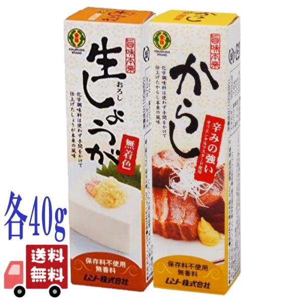 ムソーの大好評の「旨味本来」シリーズ、生しょうが（チューブ）とからし（チューブ）の2種セットです。各40g入りで、無添加・化学調味料不使用・常温保存対応。和洋中問わず、料理に風味と刺激をプラスできる薬味調味料として人気を誇ります。●商品の特...