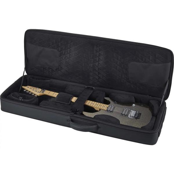 パッドを組み合わせ、様々な形状に対応付属の専用パッドの組み合わせで、様々な形状のギターやベースに対応できる、ハイブリッド・ギター・ケースです。パッドは強力なベルクロ（面ファスナー）でケース内に張り付くので、楽器が動かないようにしっかりと固定...