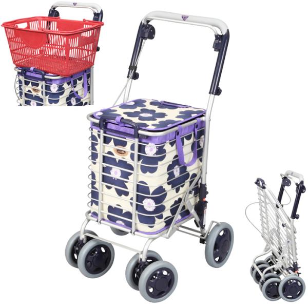 シルバーカー 手押し車 ブレーキ付きアルミワイヤーカー A-0245H 花柄青 ユーバ産業 袋付き 折り畳み式使う人が楽しく楽に使えるカート強くて軽いアルミフレームが快適なショッピングを約束おいしい食材を我が家のキッチンへ■サイズ(mm)：...