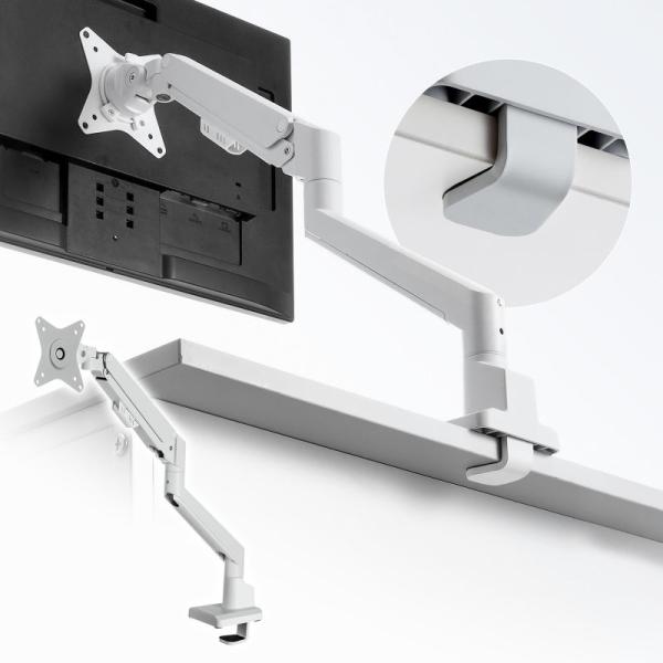 ガススプリングを採用したクランプ固定のモニターアーム。32インチまでの液晶ディスプレイに対応し、1kg〜9kgまで対応。水平垂直多関節で机上面を有効活用できる机固定できるディスプレイアーム。■カラー：ホワイト■出荷形態：ノックダウン組立式■...