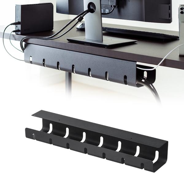 天板裏に取り付けて、電源タップとケーブルを一緒に収納できるケーブルトレーです。シンプルな見た目でごちゃつくケーブルの配線を目隠しできます。■製品カラー：ブラック■製品サイズ(外寸)：W530×D110×H82mm■製品重量：1.08kg■製...