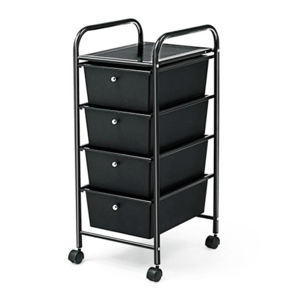 掃除や移動に便利なキャスター付きの4段の引き出しワゴンです。A4書類がぴったり入り、深さのあるプラスチック製の収納ケースで収納力も抜群です。あらゆるシーンで使いやすいブラックカラーです。※こちらの商品はブラックです。色違いのホワイトは別ペー...