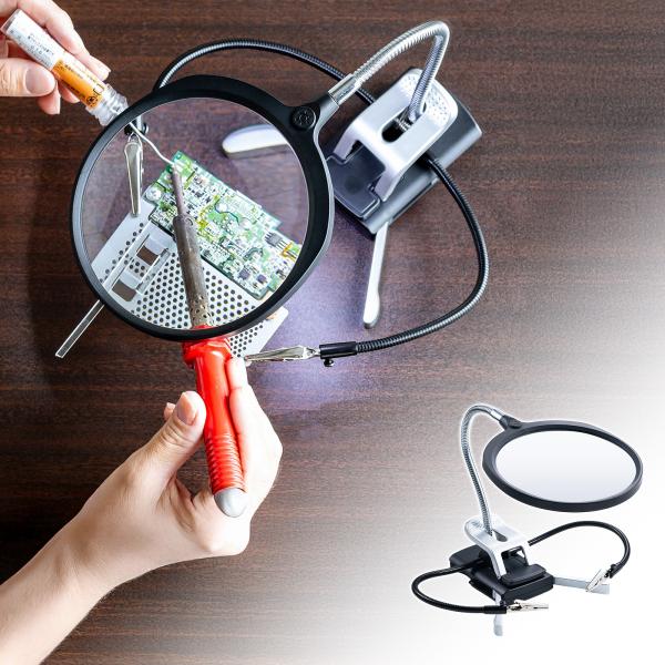 2本のアーム付きで、物をしっかりホールド可能。クリップで挟んで取り付け、スタンドで設置もできるスタンドルーペ。レンズの大きさ13cm。LEDライトも8灯で明るく照らすことができる付拡大鏡。クリップスタンド型。充電式で繰り返し使える、レンズカ...