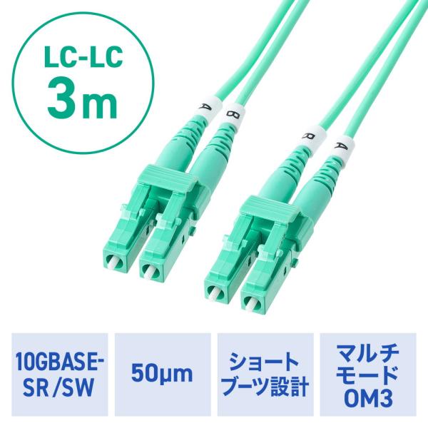 10Gbpsの高速伝送で長距離通信ができるOM3マルチ光ファイバケーブル。ショートブーツ設計のLCコネクタ×2-LCコネクタ×2。火災時の発煙と有害ガスを抑えるLSZH外被を採用し、安全性を高めたケーブル。性能検査ラベル付き。3m。＜関連キ...