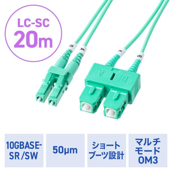 10Gbpsの高速伝送で長距離通信ができるOM3マルチ光ファイバケーブル。ショートブーツ設計のLCコネクタ×2-SCコネクタ×2。火災時の発煙と有害ガスを抑えるLSZH外被を採用し、安全性を高めたケーブル。性能検査ラベル付き。20m。＜関連...