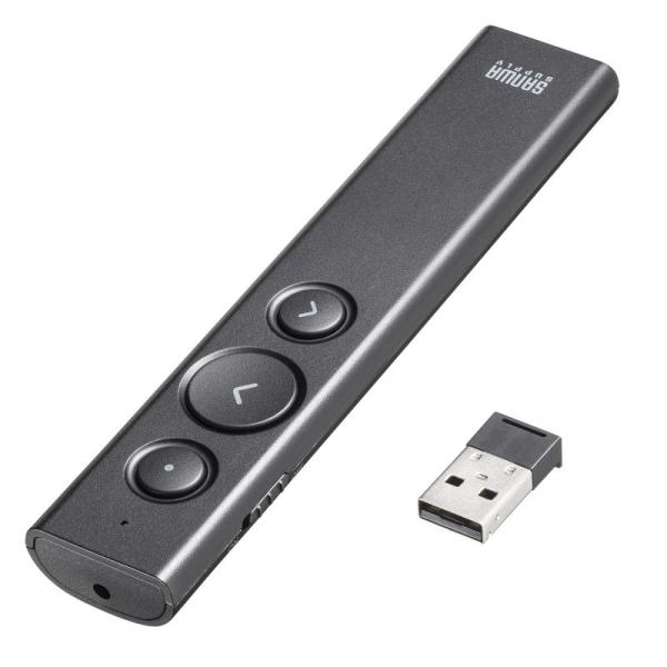 シンプルなデザインと機能で、スムーズなプレゼンができるUSB充電式のレーザーポインター。2.4GHzレシーバーを接続することでパワーポイントのスライドを操作することができる。高輝度レッドレーザーを照射することもできるレーザーポインター。■接...