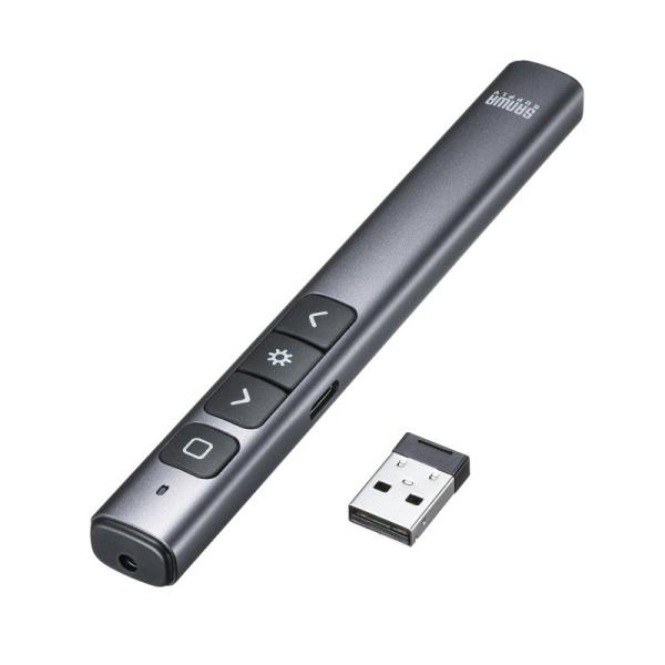 乾電池不要なUSB充電式のグリーンレーザーポインター。ワイヤレスでのページ送りなどのプレゼンソフト操作が可能。消費生活用品安全法に適合したPSCマーク認証商品。細くてスリムなアルミボディ。グレー。■接続方式：2.4GHzワイヤレス■コネクタ...