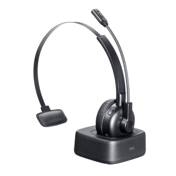 単一指向性マイク搭載のBluetoothヘッドセット。充電クレードル付き。MM-BTMH67BK＜関連キーワード＞MM-BTMH67BK Bluetoothヘッドセット 片耳タイプ 単一指向性マイク Bluetooth 5.0 USB充電 ...