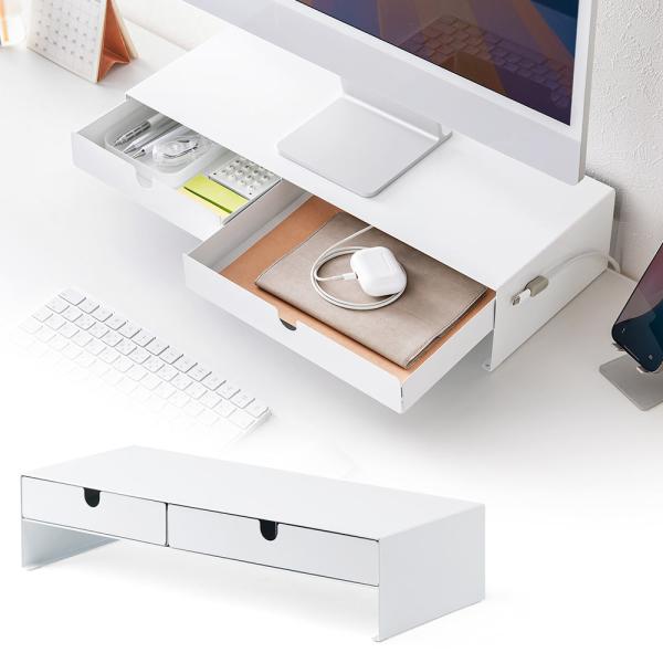 【アウトレット理由】※パッケージ不良（開封・潰れ・汚れなど）※本体に多少の傷汚れ付きの場合あり※保証期間：初期不良のみ※開封済み、検品等を行っているものになります小物を収納できる引き出し付きモニター台。引き出し部分には、前後に切り欠き付きで...