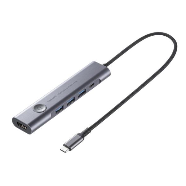 画面ON/OFFできるスイッチを搭載したモバイルドッキングステーション。USB Type-Cケーブル1本で接続可能。4K/60Hzの映像出力に対応。USB PD90Wに対応した充電専用ポート×1、Type-C×1、USB A（5Gbps）×...