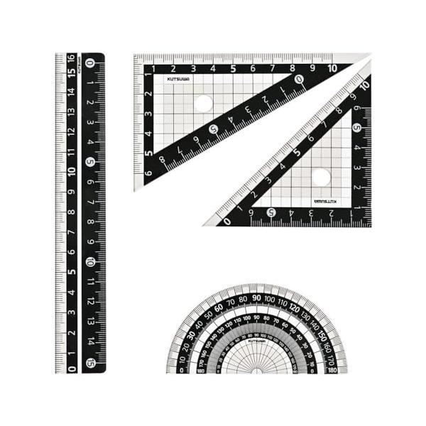 ブラックブラック/-/KB035・Style:ブラック・パッケージ個数:1・【仕様】目盛りが読み取りやすいブラック定規・【内容物】直角三角定規、直角二等辺三角定規、分度器、16cm定規・【サイズ】(16cm定規)H25×W160×D2mm、...