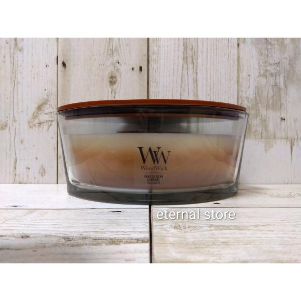 WoodWick(正規品)Hearthwich Ellipse TRILOGY Candle Lだ円型の容器がユニークな、エリプストリロジーキャンドルCafe Sweet　カフェスイーツ→バニラビーン、キャラメル、ビスコッティの3つの香りが...