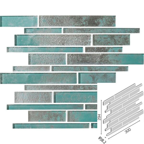 銀箔に施されたかすれ模様がアンティークなミラーを彷彿とさせるガラスモザイクです。品番：DTL-R/CPG-2目地共寸法：300×294mm実寸法：約(15・30)×98・(15・30)×198mm厚さ：約8.2mmあたり枚数：11.7シート/m2