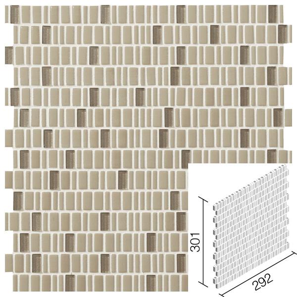 丸みを帯びた小さな形状を3種類ミックスしたランダムな目地通りが印象的なシリーズです。同じ色調で異なる質感のガラスモザイクの組み合わせにより、穏やかな印象に仕上がります。