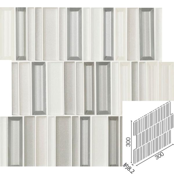 表情と形状が異なるガラスモザイクをミックスしました。モノトーン系はシャープな印象に、ブラウン系はシックな印象に仕上がります。品番：DTL-R/MXS-1目地共寸法：300×300mm実寸法：約(12・20・28)×98mm厚さ：約8.2mm...