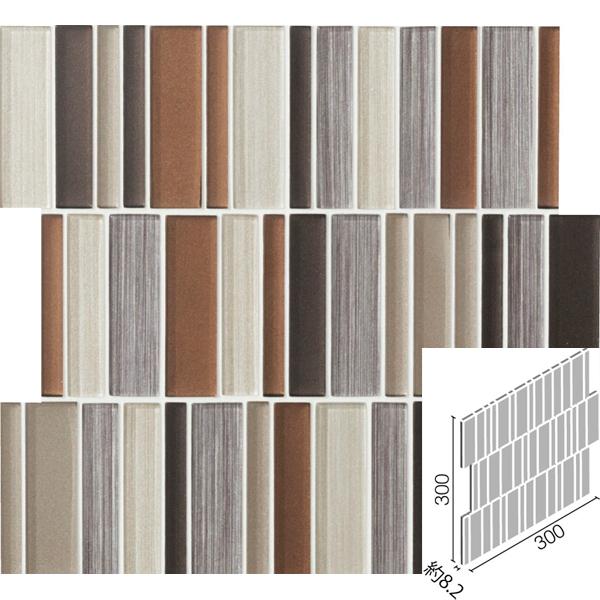 表情と形状が異なるガラスモザイクをミックスしました。モノトーン系はシャープな印象に、ブラウン系はシックな印象に仕上がります。品番：DTL-R/MXS-4目地共寸法：300×300mm実寸法：約(12・20・28)×98mm厚さ：約8.2mm...