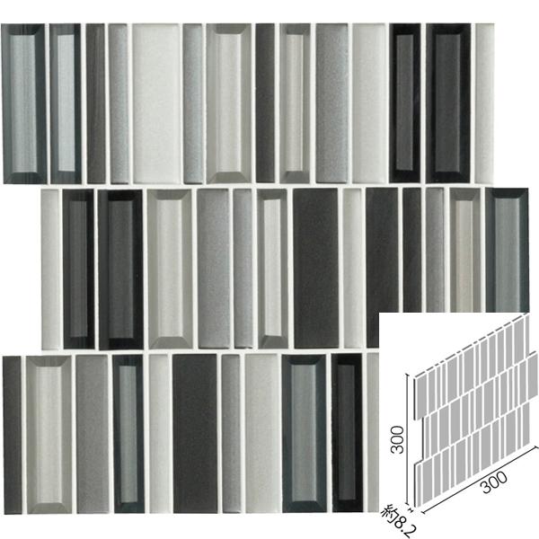 表情と形状が異なるガラスモザイクをミックスしました。モノトーン系はシャープな印象に、ブラウン系はシックな印象に仕上がります。品番：DTL-R/MXS-2目地共寸法：300×300mm実寸法：約(12・20・28)×98mm厚さ：約8.2mm...