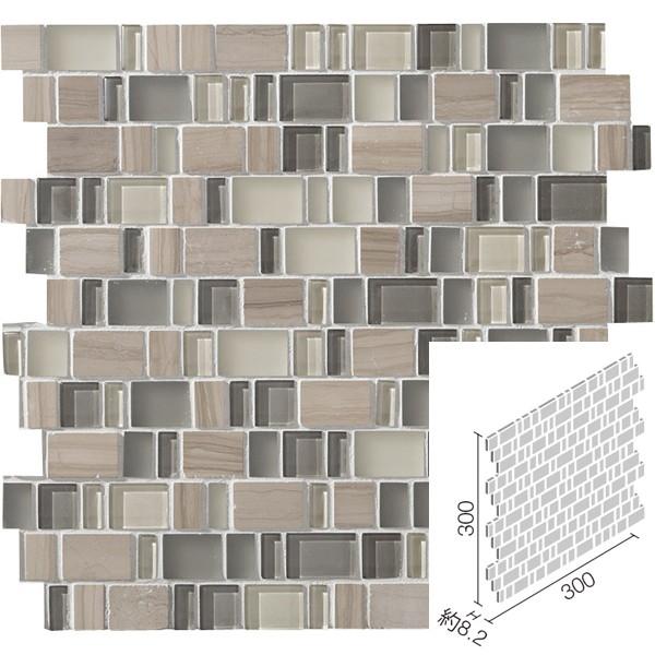 大理石と、さまざまな色と質感のガラスをちりばめたモザイクタイルです。品番：DTL-R/PCM-3目地共寸法：300×300mm厚さ：約8.2mmあたり枚数：11.5シート/m2