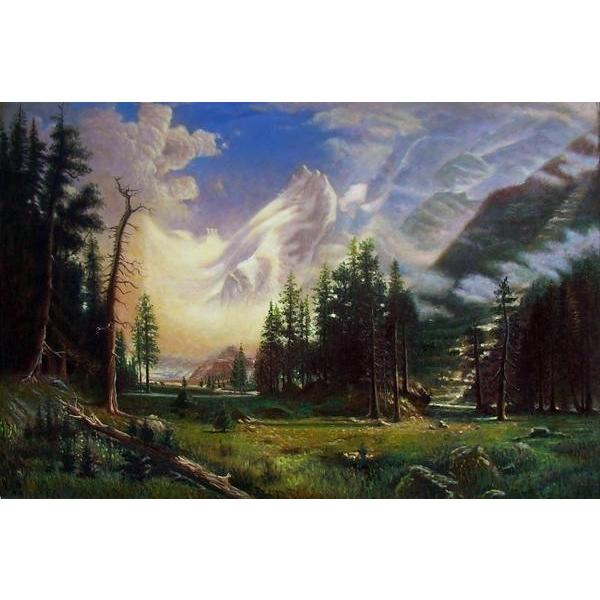 画家が名作を精巧に模写した油彩画です。絵画サイズはM30号（91x61cm）、油彩額付（額指定）。額縁見本は、カテゴリーの額縁見本をご覧下さい。 アルバート・ビアスタッド（Albert Bierstadt 1830-1902)　ドイツ系アメ...