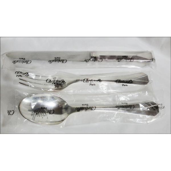 クリストフルシルバー製、アトランティッドシリーズ（0035）のテーブルフォーク（003/約20.5cm）ｘ1本、テーブルスプーン（002/約20.5ｃｍ）ｘ1、テーブルナイフ（009/約24.5ｃｍ）ｘ1の3本セット。クリストフル、フランス...