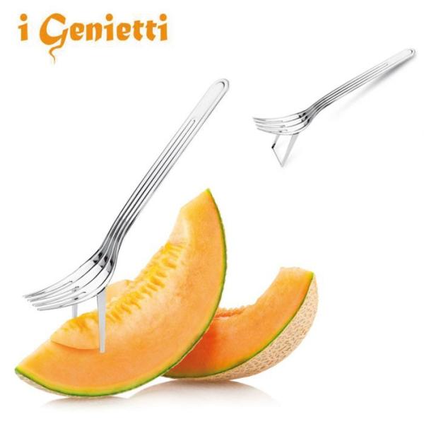 ナイフとフォークの役割を持ったメロンフォークです。ナイフの切るとフォークの刺すを併せ持つ変わった形のアイディアフォーク。【ブランド】ジェニエッティ　i Geniettiｉ　（イパック　ＩＰＡＣ）【ブランド国名】イタリア【寸法】175mmｘ3...