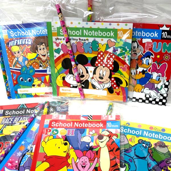 ■商品サイズ：学習帳、約14×14.5×0.2cm。鉛筆、約17.5×0.7×0.7cm。■袋サイズ：約22×16.5cm（ヘッダー部分含む）。■柄アソート。１個あたりの単価は税別60円です。【不良返品不可商品】