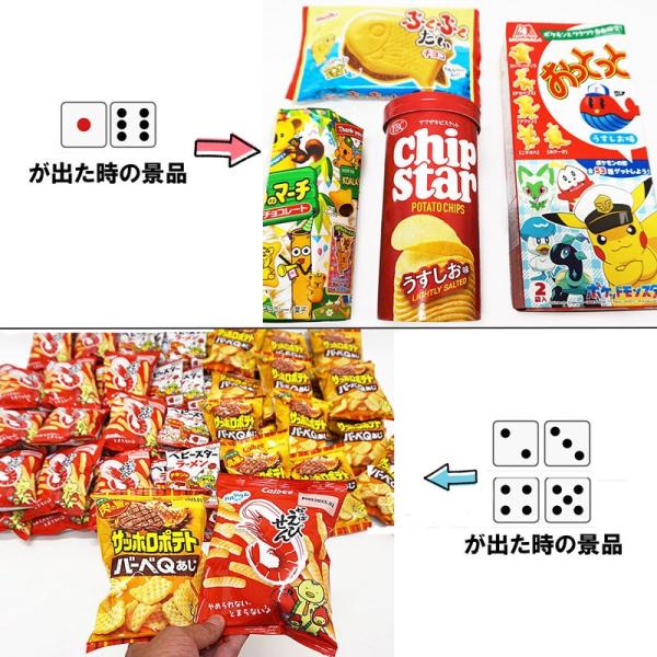 サイコロでお菓子を当てよう！イベント大会　お菓子計128個【商品番号】 No.16273【商品説明】 サイコロを振って、1か6が出た場合の景品が大き目お菓子、2〜5が出た場合の景品が小さめお菓子、その中からお好きなお菓子を1つプレゼント！町...