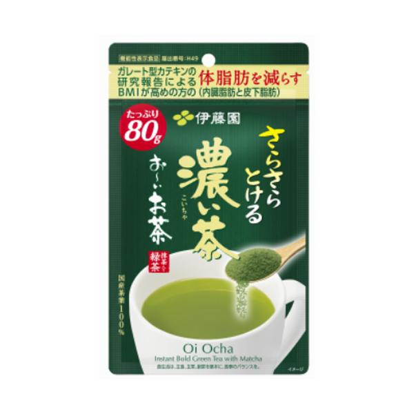 [ 商品説明 ]機能性表示食品「お〜いお茶 濃い茶 さらさら抹茶入り緑茶」は、カテキンを豊富に含む国産茶葉を選定し、渋みのある濃い味わいが特長のインスタント緑茶です。体脂肪（内臓脂肪と皮下脂肪）を減らす機能があることが報告されている機能性関...