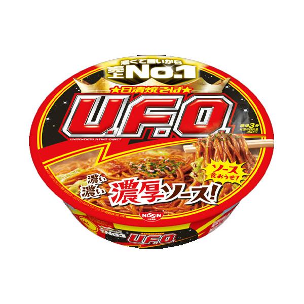 [ 商品説明 ]「濃い濃い濃厚ソース」がうまい、「日清焼そばU.F.O.」。具材は、大切りキャベツと豚肉。別添で青のりと紅生姜のふりかけ付です。めん：100g[ 原材料 ]油揚げめん（小麦粉（国内製造）、植物油脂、食塩、しょうゆ、香辛料）、...