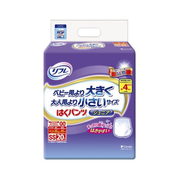 小柄な方にぴったり！ベビー用と大人用の中間サイズおしっこ4回分吸収（1回の排尿量150ml※当社測定方法）・介助があれば歩ける方に ・介助があれば立てる・座れる方に■商品名　 はくパンツ ジュニア ＳＳサイズ■ウエストサイズ　 45cm〜6...