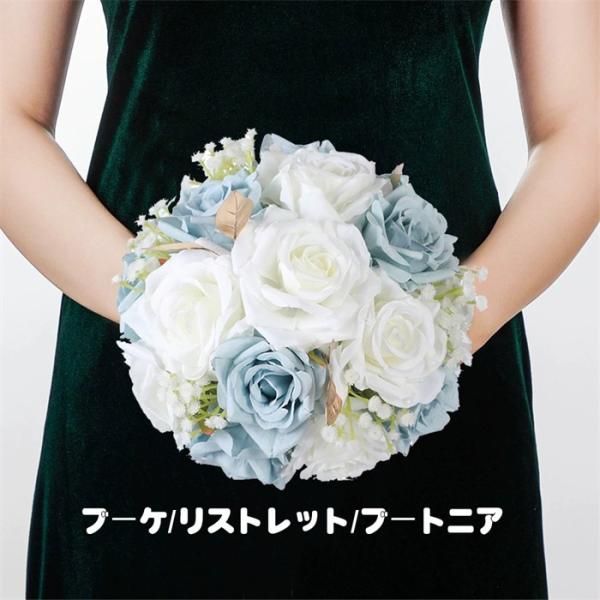 [ セット内容 ]ブーケ/リストレット/ブートニア[ カラー ]ホワイト[ 素材 ]使用花材 アーティシャルフラワー（高級造花）※プリザーブドフラワーではございません。[ サイズ ](cm)ブーケ：25*22cmリストレット:40*10cm...